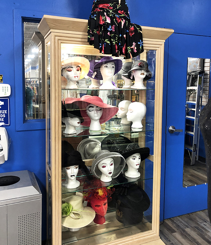 The hat display case: where mannequin heads model everything from Kentucky Derby-worthy sun hats to casual everyday headwear with attitude.
