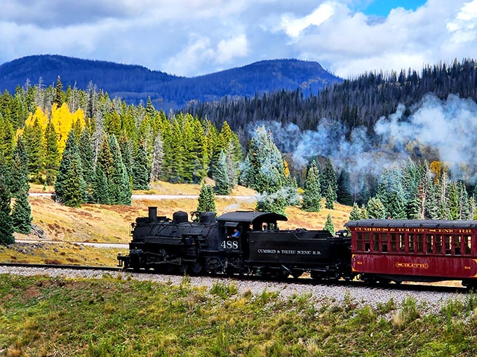 Mother Nature showing off again! The locomotive's crimson cars provide the perfect contrast to her evergreen wardrobe and mountain majesty.
