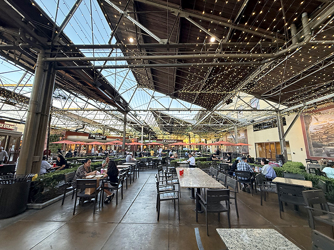 The food court's airy design and string lights create a welcome respite for weary shoppers&mdash;a place where shopping stamina is restored one bite at a time.