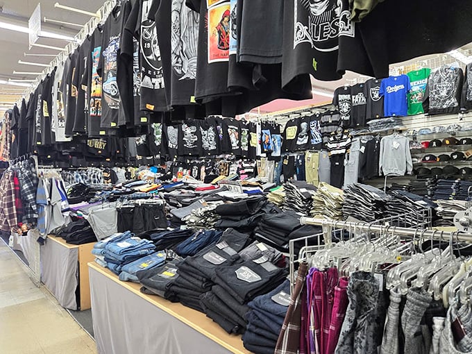 The unofficial uniform department of SoCal street culture. Band shirts, sports gear, and graphic tees create a textile tapestry of identity and allegiance.