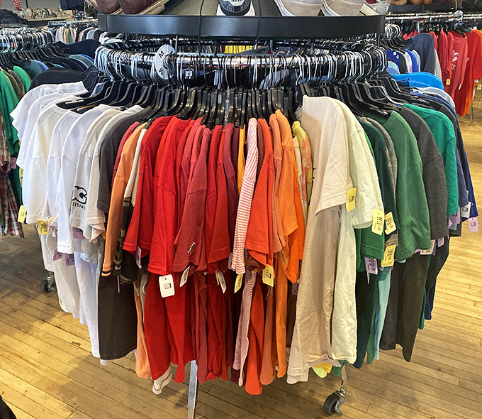 The clothing carousel: a rainbow wheel of fashion fortune where yesterday's trends become tomorrow's vintage statement pieces.