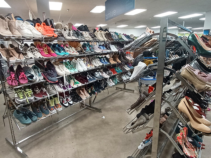 The shoe section: a footwear library where hiking boots, designer heels, and everything in between find their perfect match.