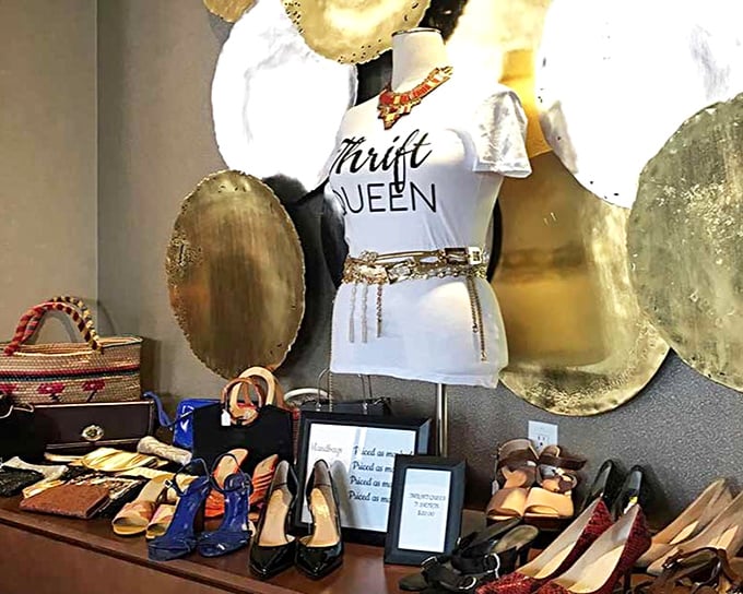 The "Thrift Queen" display showcases how secondhand style can look first-class. These shoes didn't walk themselves in here, but they're ready to walk out with you.