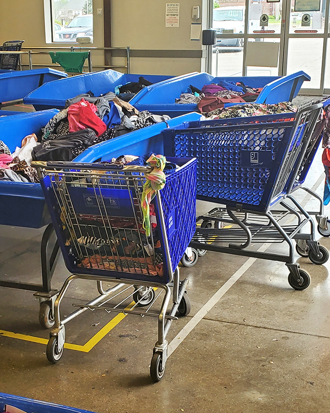The tools of the trade: blue bins and shopping carts standing at attention. Veterans know a full cart means victory in the thrifting Olympics.