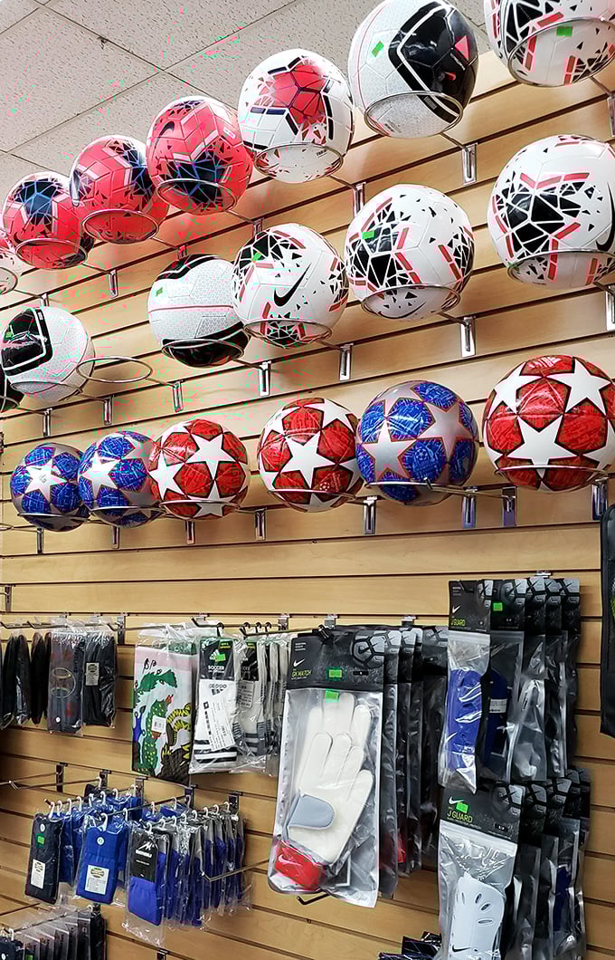 Soccer balls lined up like planets in a sporty solar system. Find your perfect orbit without the astronomical sporting goods store prices.