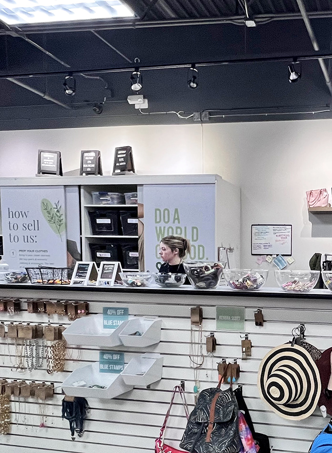 Even the ceiling means business at Uptown Cheapskate, where industrial chic meets bargain hunter's paradise.