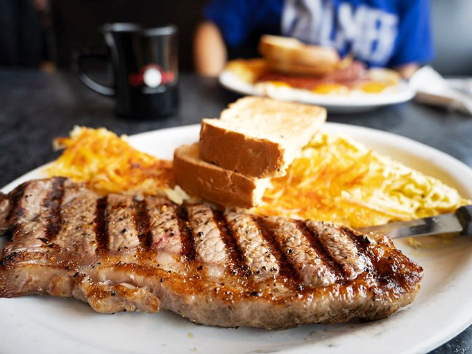 A steak with grill marks so perfect they deserve their own Instagram account, paired with eggs and toast for the breakfast of champions.