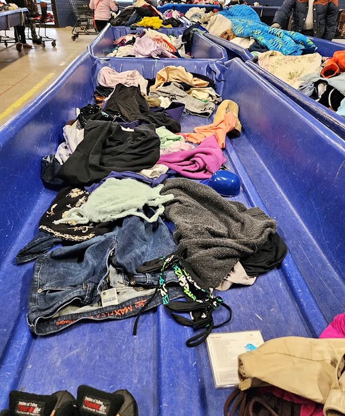 The thrill of the hunt captured in real time. Each blue bin contains multitudes&mdash;potential Halloween costumes, craft supplies, and conversation pieces.