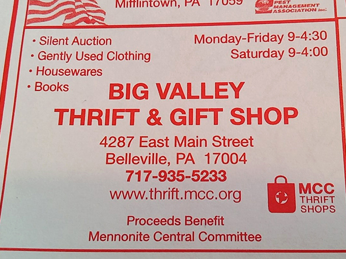 This flyer reveals the store's Mennonite Central Committee connection, where your bargain hunting directly supports community initiatives.