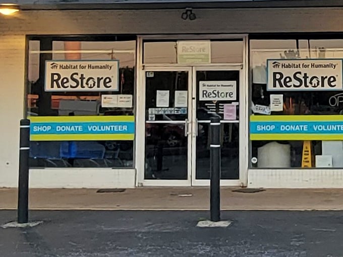 The entrance beckons with its straightforward invitation: "Shop. Donate. Volunteer." No fancy marketing needed when the mission speaks volumes.