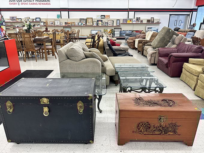 Furniture island-hopping at its finest. Navigate through archipelagos of sofas and coffee tables in SuperThrift's well-organized interior wonderland.