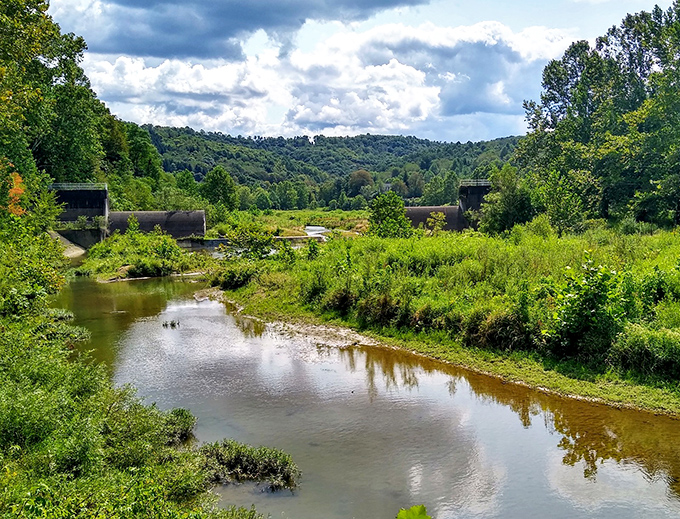 The stream reflects surrounding hills like nature's own Instagram filter. Those concrete remnants tell the story of Duke Lake's past life.