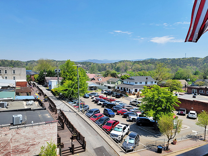 From this bird's-eye view, Ellijay's downtown reveals itself as a perfectly arranged collection of brick buildings and leafy trees.