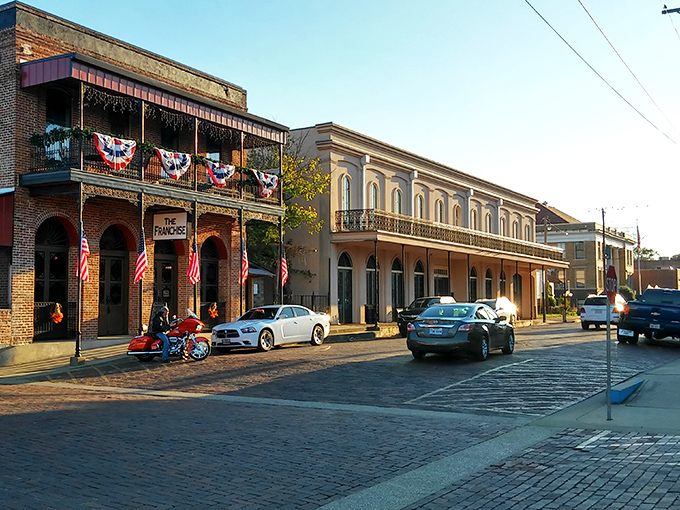 Sunset bathes Jefferson's historic streetscape in golden light, turning an ordinary evening into a postcard-perfect moment frozen in time.