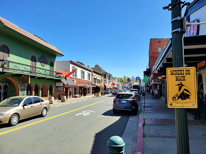 "Miners on Main" warning signs add character to streets where real prospectors once searched for fortune.
