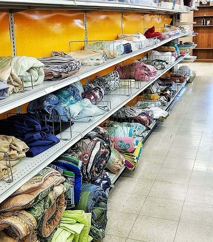 The textile section unfolds like a quilter's dream sequence. Grandma would approve of these linens, and your wallet will too.