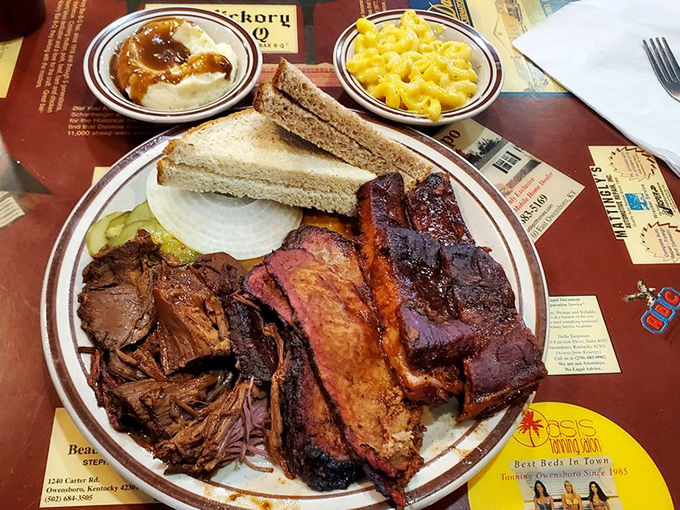 The barbecue sampler plate &ndash; where decisions are unnecessary and joy is inevitable. That bark on the brisket is practically singing a bluegrass tune.