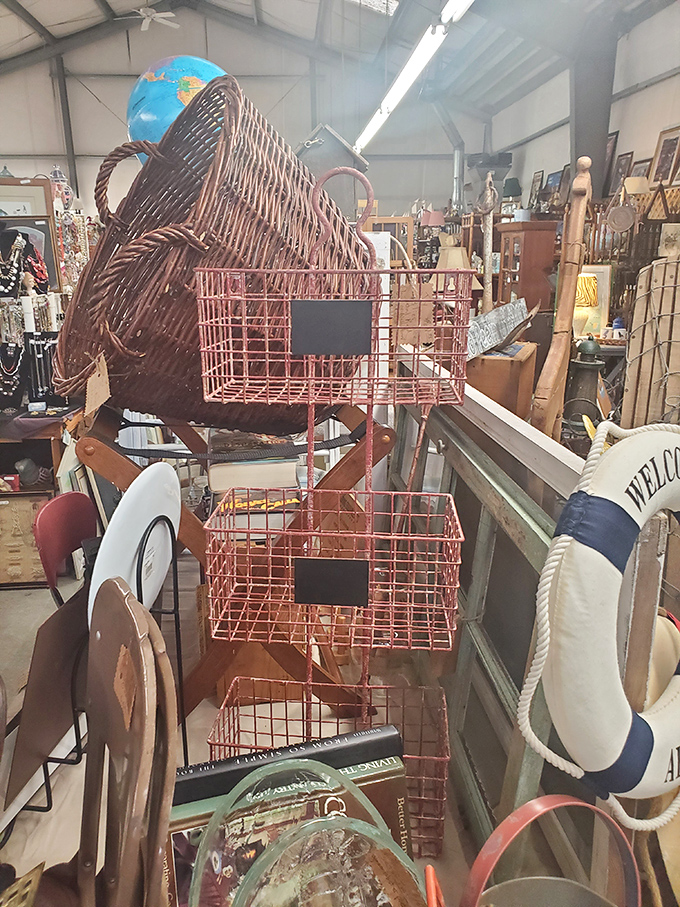Rustic meets nautical in this eclectic corner. The oversized wicker basket would make a perfect picnic companion for a Chesapeake Bay outing.