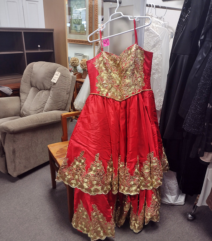 That red and gold gown isn't just formal wear&mdash;it's someone's prom night, quincea&ntilde;era, or wedding reception waiting to dance again at a fraction of retail.