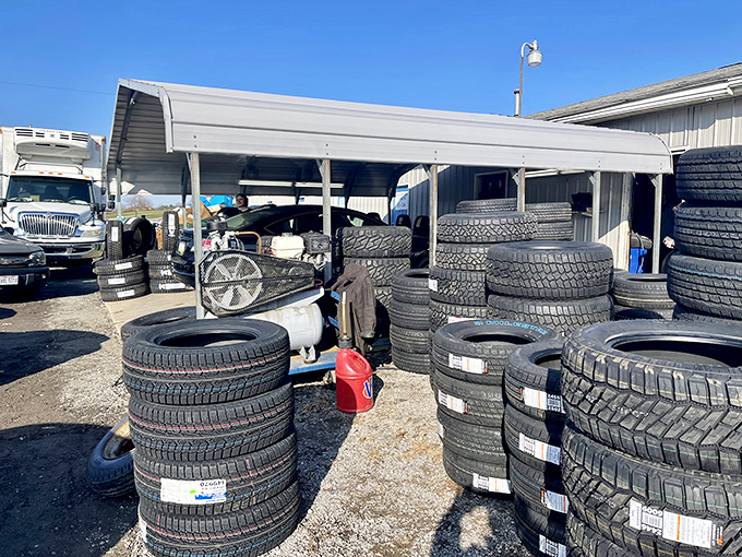 Rubber meets the road in this practical corner of flea market fantasy—because even treasure hunters need reliable tires for the journey home.