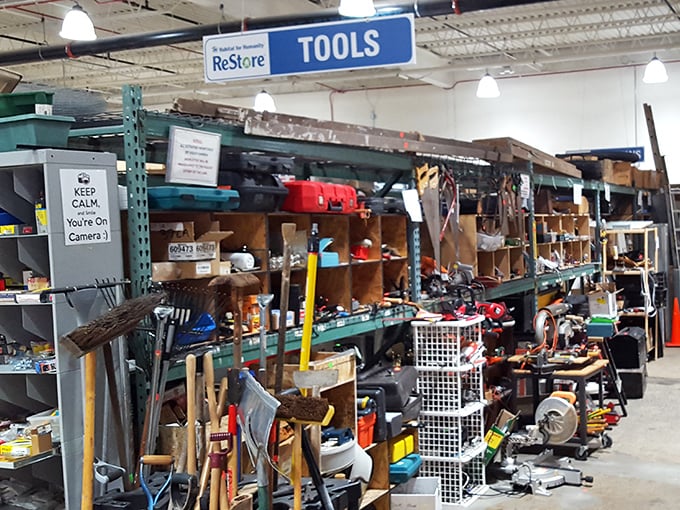 The tool section looks like your grandfather's garage met a hardware store and decided to help others.