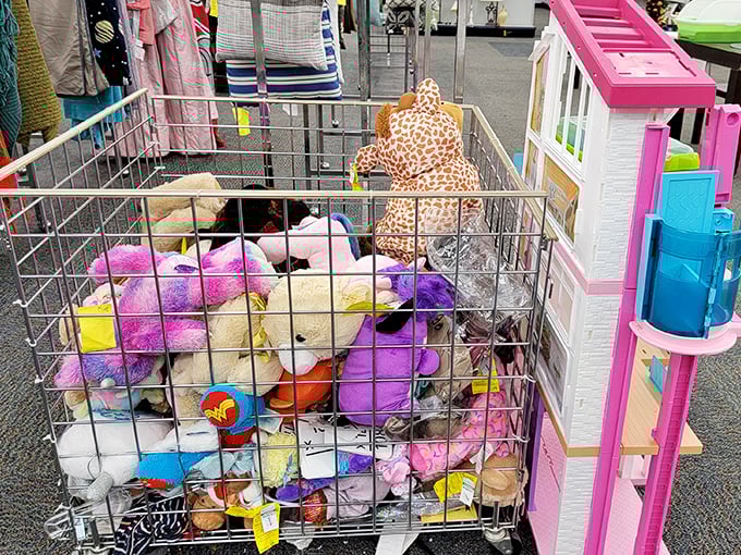 The toy bin: where childhood nostalgia meets bargain-hunting bliss. That giraffe has stories to tell and more cuddles to give.