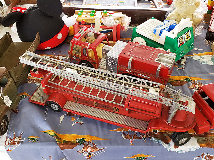 Vintage toys awaken childhood memories, with classic fire trucks and character collectibles that transport Gen-Xers back to Saturday morning cartoons.