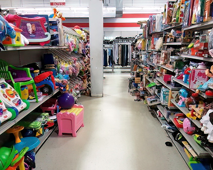 A rainbow explosion of childhood joy lines these aisles. One person's outgrown toy is another child's new adventure waiting to happen.