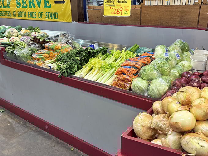 Fresh produce arranged with military precision&mdash;where celery hearts, cabbage, and onions stand at attention, awaiting your culinary commands.