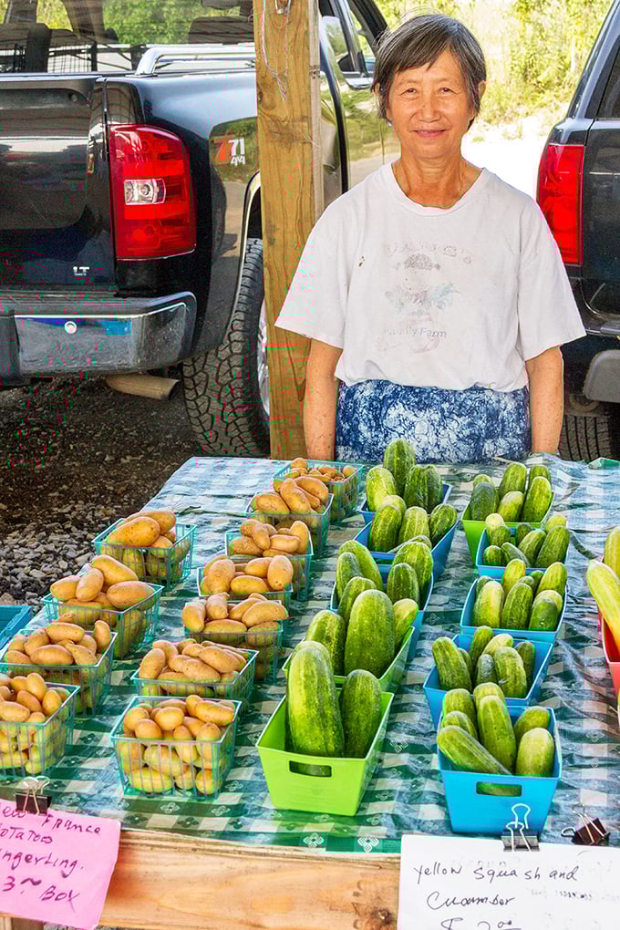 Fresh produce adds farm-to-flea-market appeal. Those cucumbers look crisp enough to make even a pickle skeptic reconsider their position.