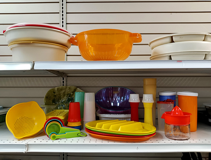 The rainbow of vintage Tupperware tells tales of potlucks past. That orange colander? Your grandmother had one just like it for straining her famous spaghetti.