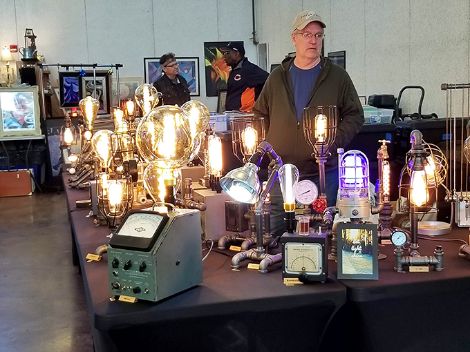 Illuminating creativity: Edison would approve of this dazzling display where industrial parts and vintage meters transform into steampunk lighting that makes conversation pieces.