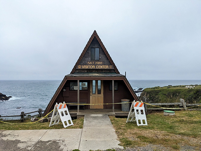 The A-frame that frames A+ views. Salt Point's distinctive visitor center stands like a friendly sentinel at the edge of the continent.