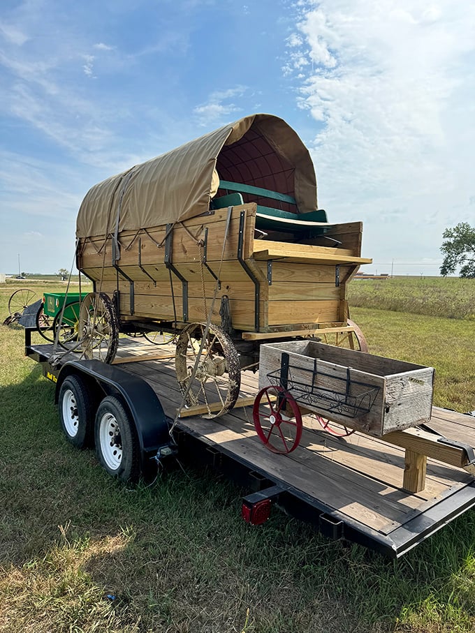 Not just any covered wagon&mdash;a slice of pioneer spirit on wheels. The Oregon Trail without the dysentery, parked right outside for your historical admiration.