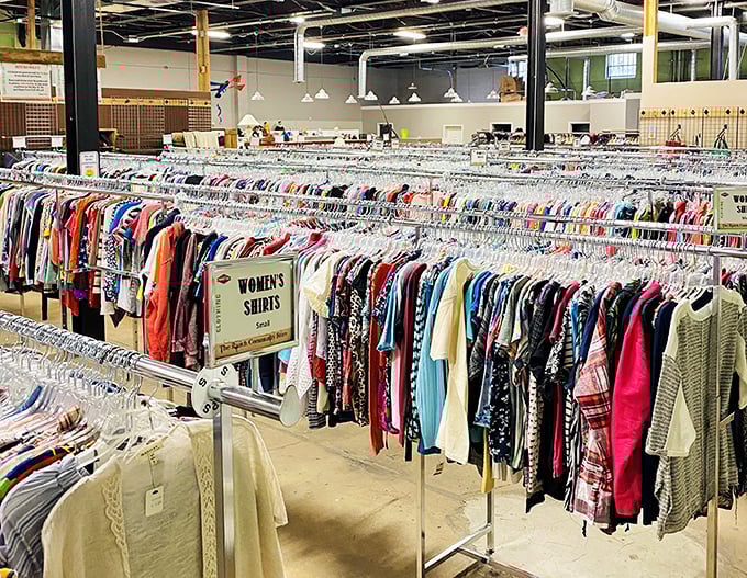 A rainbow of women's clothing stretches toward the horizon. Somewhere in this textile sea is the perfect blouse you didn't know you needed.