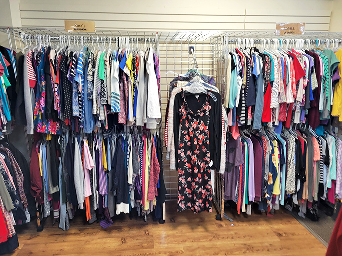 A rainbow of possibilities awaits in the women's clothing section, where vintage florals mingle with modern basics like old friends at a reunion.