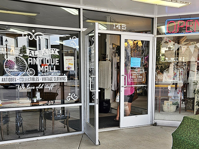 Classic storefront windows invite window shopping before you even step inside &ndash; small-town charm with big-city selection.