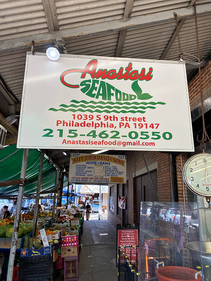 Anastasi's simple market sign belies the oceanic treasures waiting behind those unassuming glass doors.
