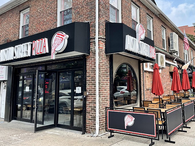 Those red umbrellas signal serious pizza business happening at this stylish Austin Street destination spot.