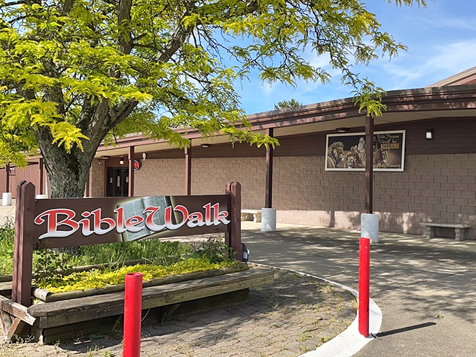 BibleWalk's simple entrance gives no hint of the elaborate wax figure displays waiting inside. Holy surprises ahead!