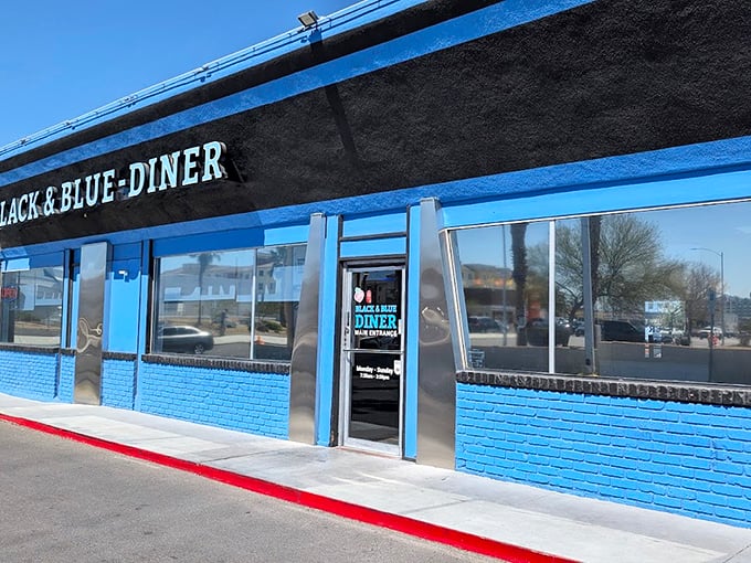 That bright blue exterior stands out like a beacon for anyone craving honest comfort food classics.