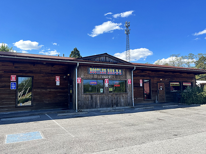 Bootleg's weathered wood exterior is like a BBQ time machine. Rustic charm with smoke signals rising.