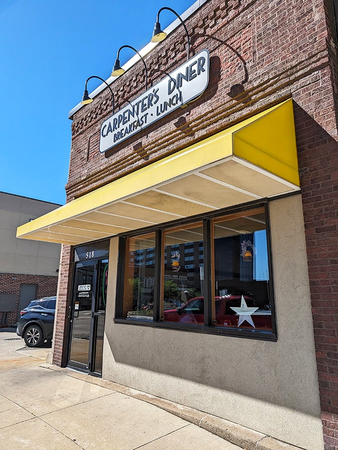 Carpenter's bright yellow awning pops against the brick building. Waterloo's breakfast specialists keep it simple and deliciously satisfying.