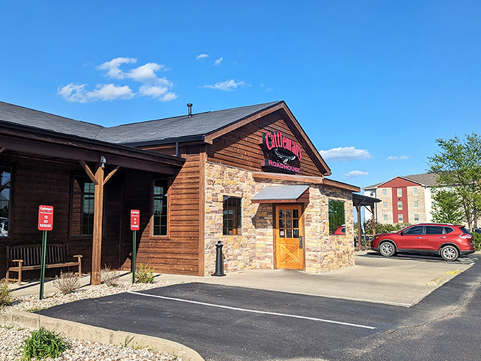 Cattleman's rustic stone-and-wood exterior is basically a billboard that screams "serious steak inside!"