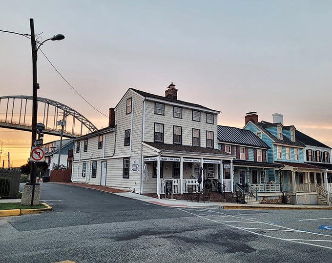The sun sets on Chesapeake City's historic buildings, painting them in golden light that no filter could replicate.