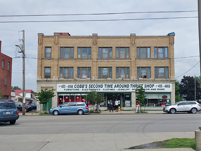Cobb's exterior wide view: "Thrift empire in Erie! This massive storefront promises three floors of secondhand adventures."