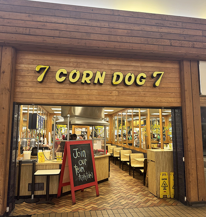 Corn Dog 7's mall location might surprise you, but that wooden storefront houses deep-fried hot dog perfection.
