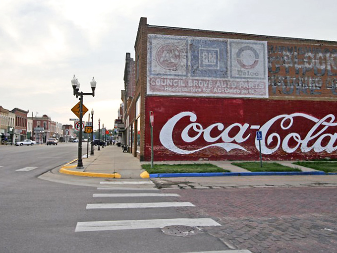Council Grove&rsquo;s downtown wears its history proudly&mdash;brick walls and faded murals telling stories from the Santa Fe Trail days to small-town Kansas charm.