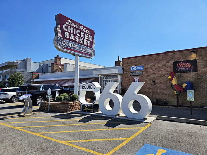 Dell Rhea's iconic Route 66 sign has guided hungry travelers for generations. That rooster knows what you need before you do.