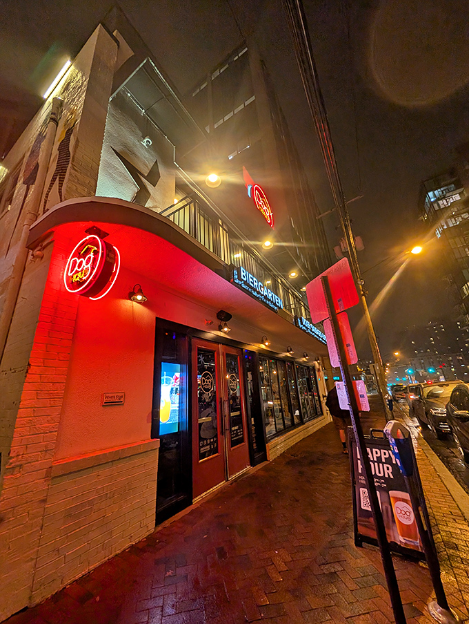 Dog Haus Biergarten brings architectural flair to the hot dog game, proving that sometimes the container is as cool as what's inside.